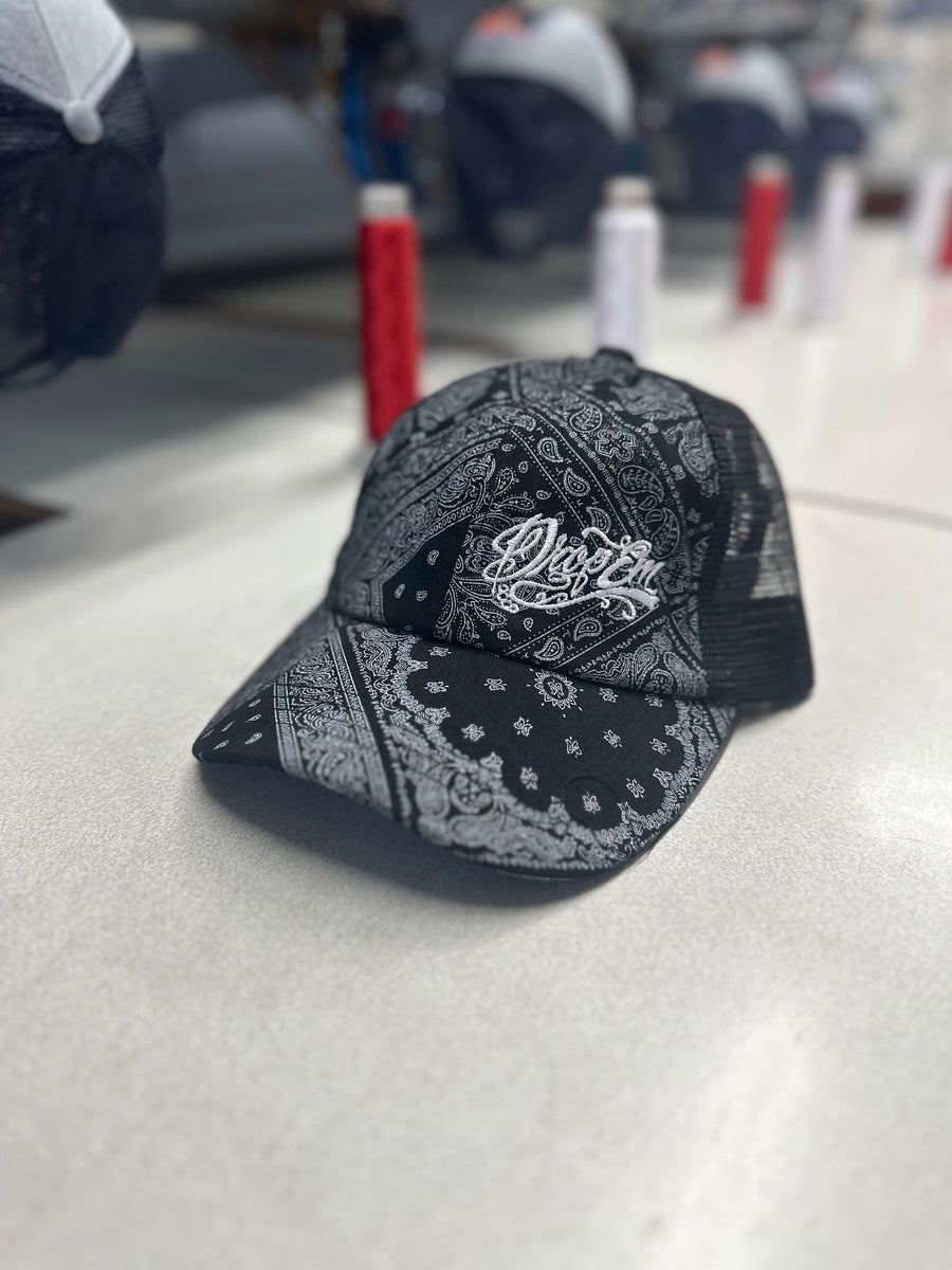 BLACK PAISLEY PRINT PONY TAIL VELCRO BACK HAT WITH KAKHI TATTOO SCRIPT ...