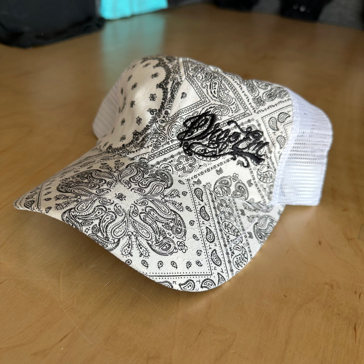 WHITE PAISLEY PRINT PONY TAIL VELCRO BACK HAT WITH BLACK TATTOO SCRIPT ...
