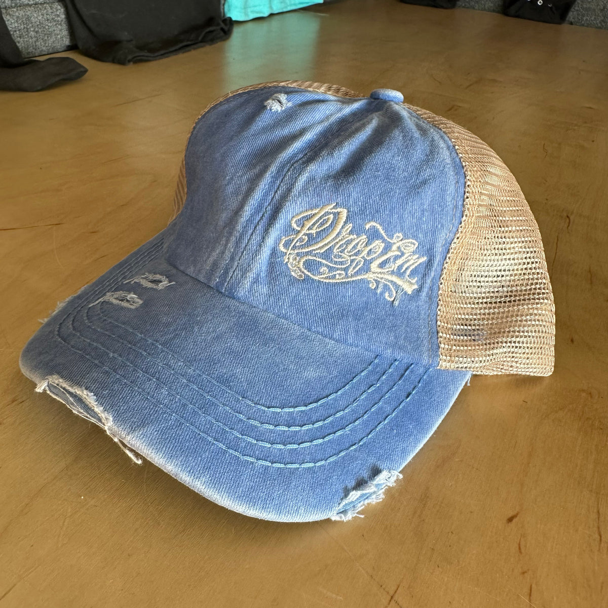 BRIGHT BLUE PONY TAIL VELCRO BACK HAT WITH KHAKI TATTOO SCRIPT LOGO ...