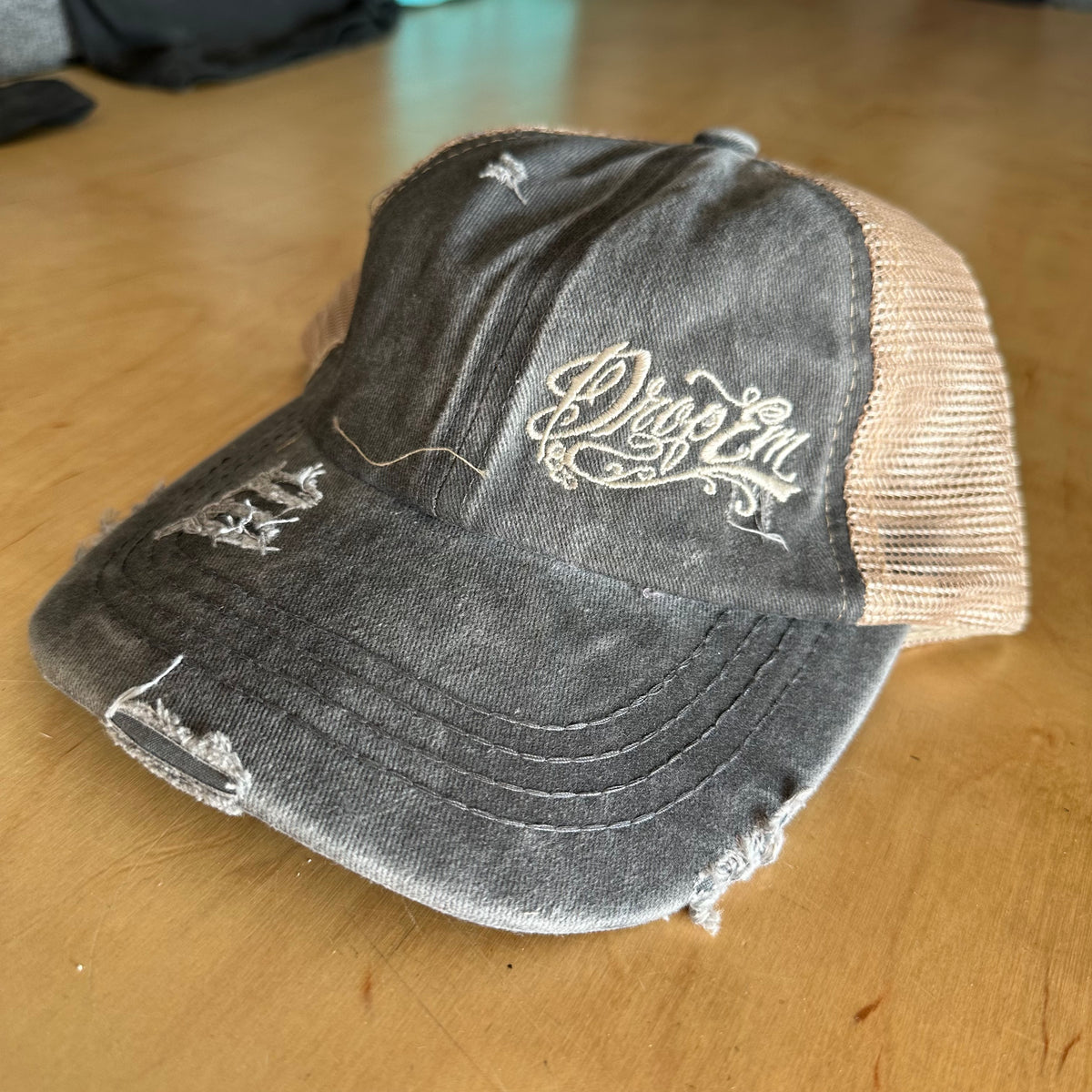 GREY PONY TAIL VELCRO BACK HAT WITH KHAKI TATTOO SCRIPT LOGO – Drop Em ...