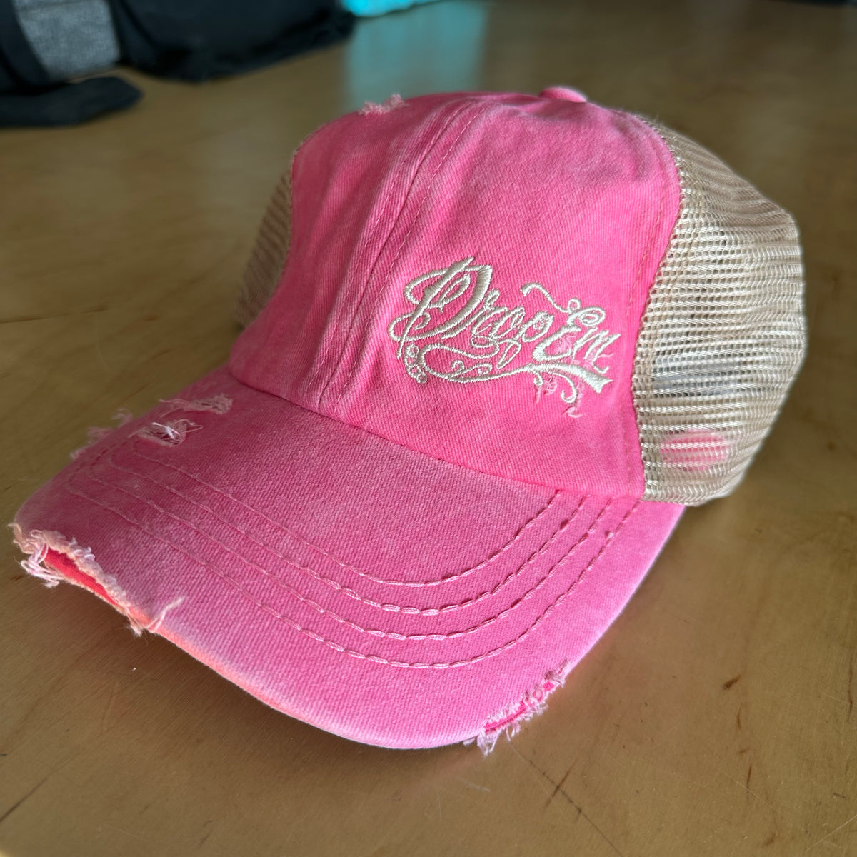 BRIGHT PINK PONY TAIL VELCRO BACK HAT WITH KHAKI TATTOO SCRIPT LOGO ...