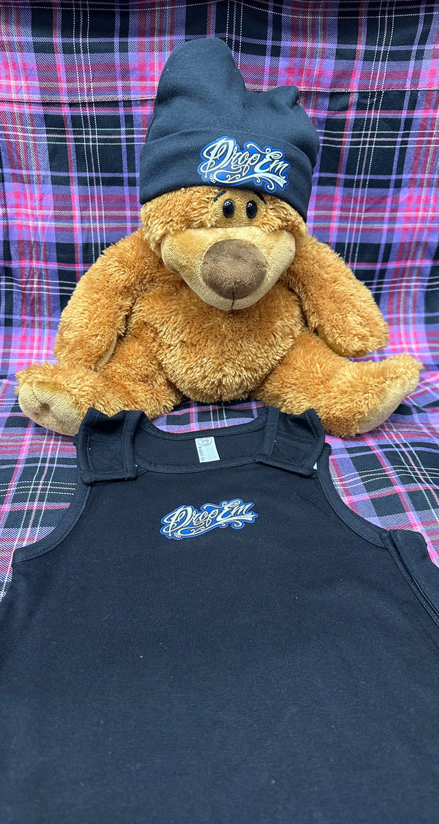 DROP EM WEAR NEWBORN SLEEP SAC BLACK WITH BLUE LOGO. INCLUDES CAP ...