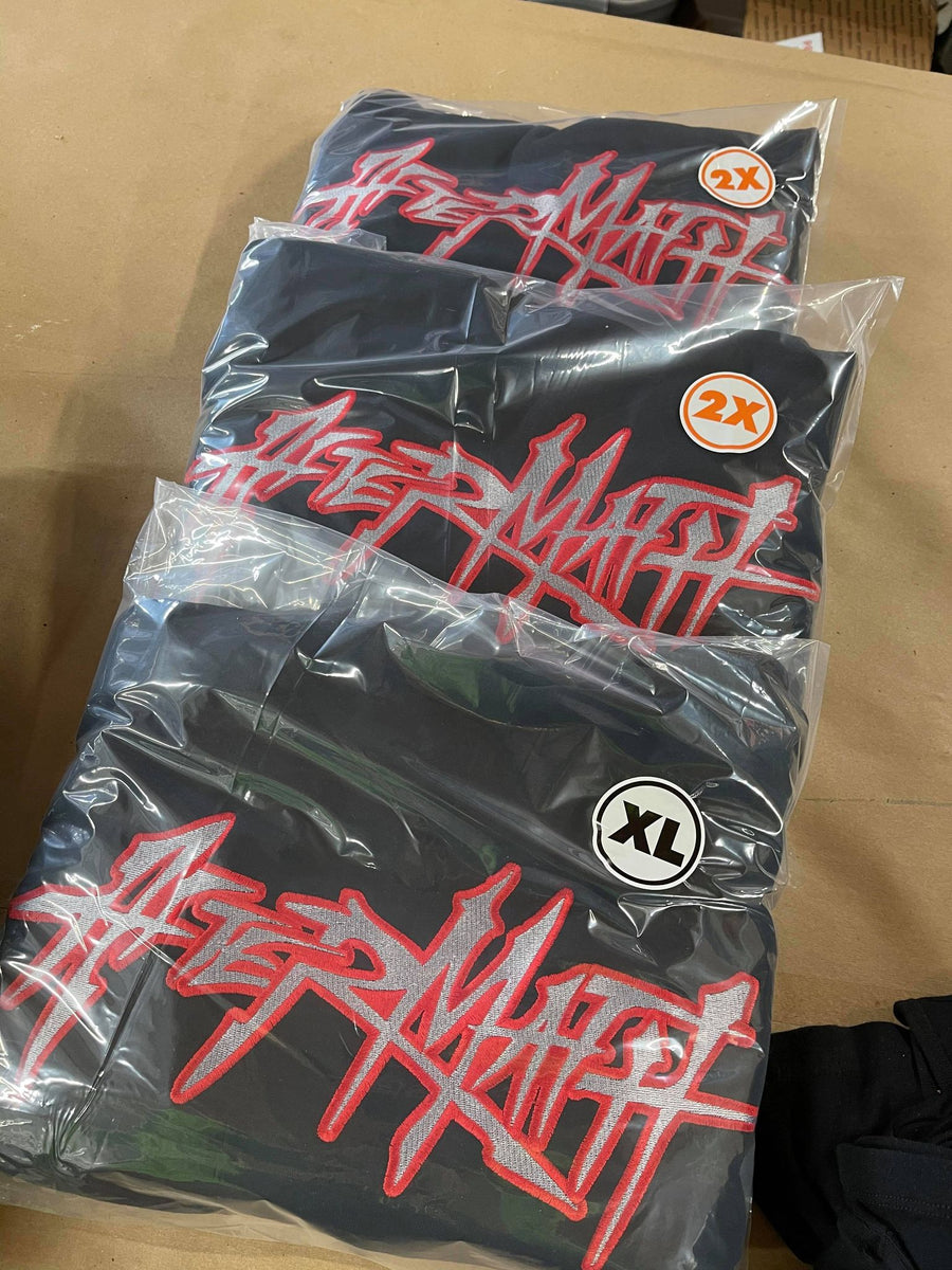 BLACK EMBROIDERED AFTERMATH HOODIE SILVER FILL WITH RED OUTLINE – Drop ...