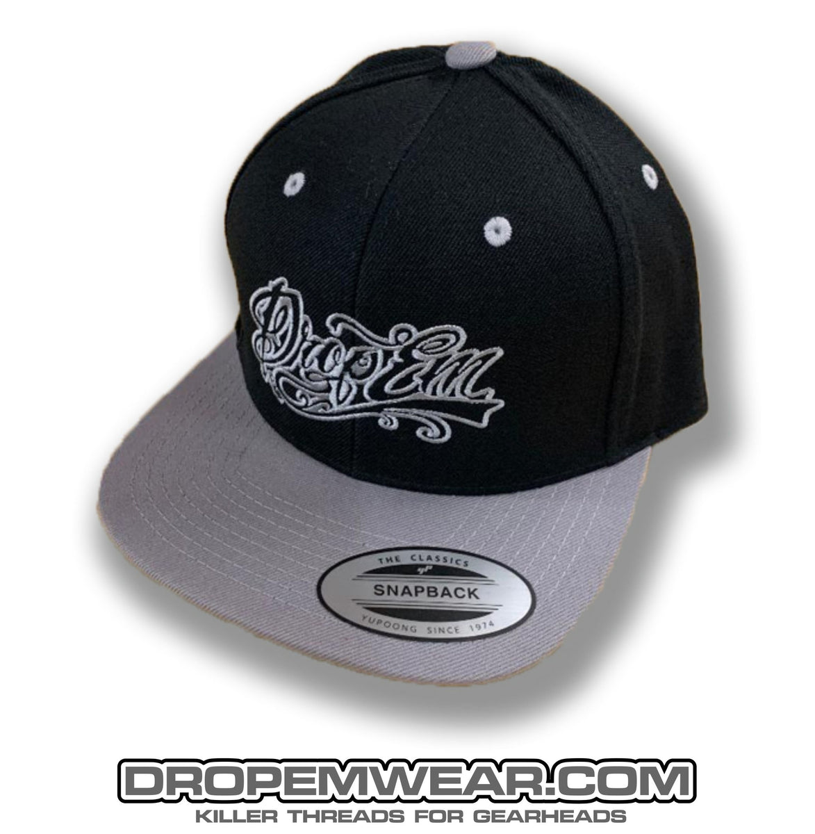 BLACK FLAT BILL SNAP BACK WITH GREY BILL AND GREY TATTOO SCRIPT LOGO ...