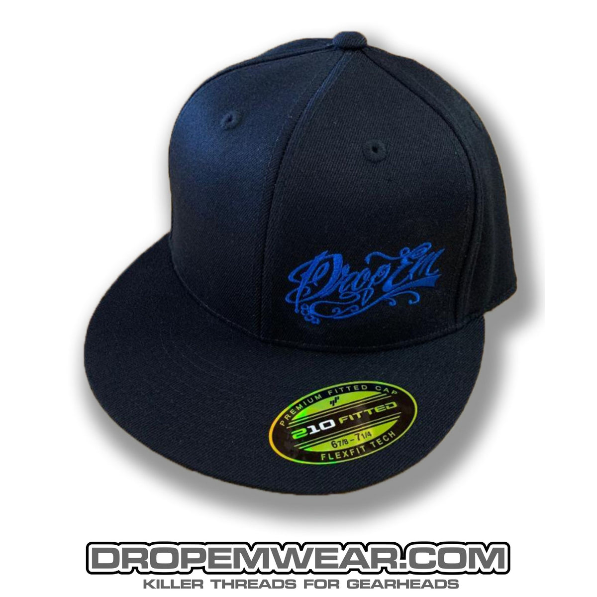 BLACK FLAT BILL FLEX FIT HAT WITH BLUE SCRIPT LOGO ON LEFT PANEL – Drop ...
