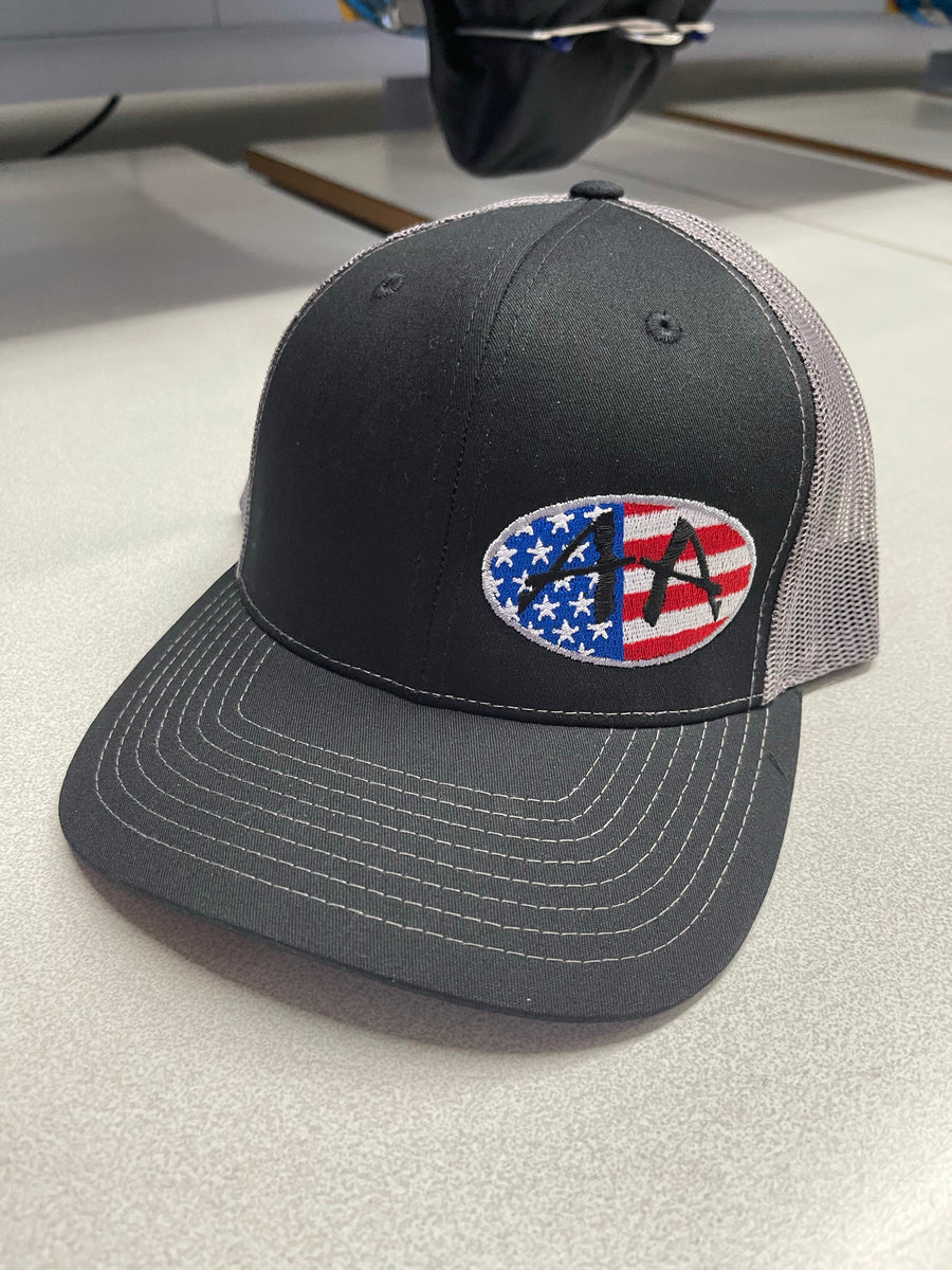 ACROPHOBIA BLACK/GREY SNAP BACK HAT WITH AMERICAN FLAG AA OVAL LOGO ...