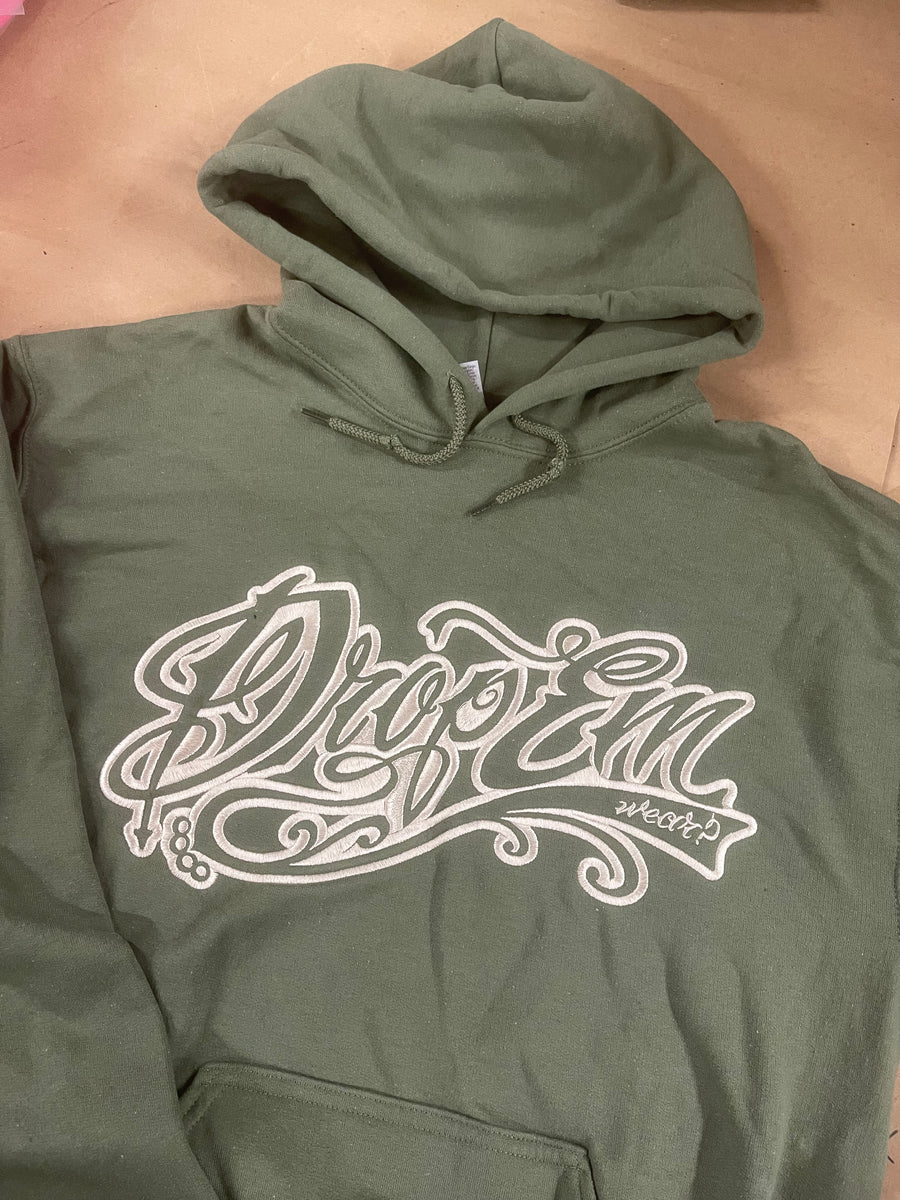 MILITARY GREEN EMBROIDERED HOODIE WITH TAN TATTOO SCRIPT LOGO – Drop Em ...