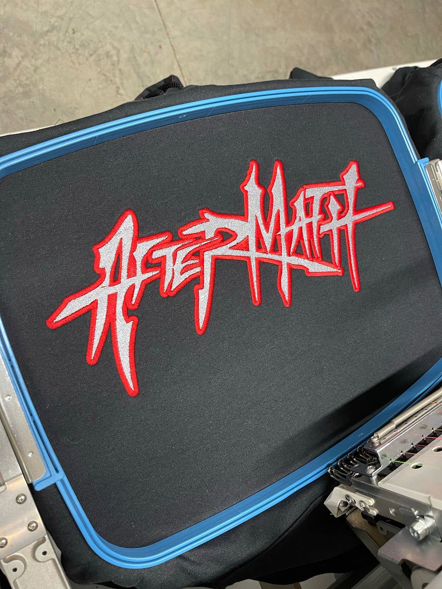 BLACK EMBROIDERED AFTERMATH HOODIE GREY FILL WITH RED OUTLINE – Drop Em ...